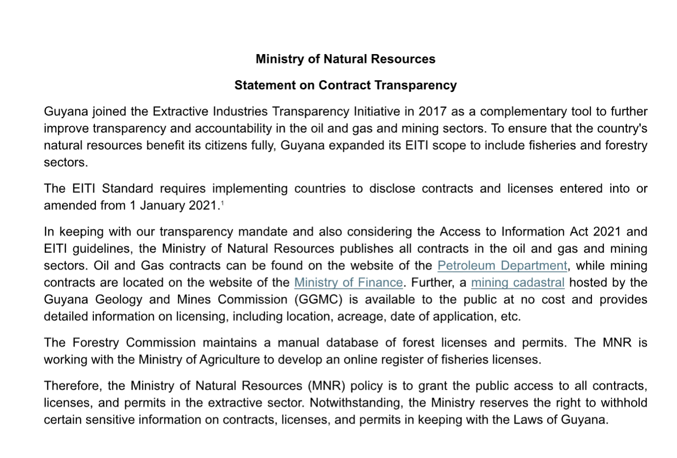 MNR Statement on Contract transparency - EITI